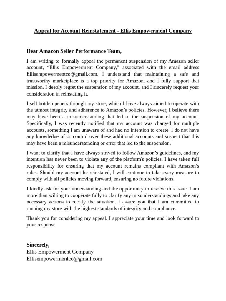 Appeal For Account Reinstatement | PDF