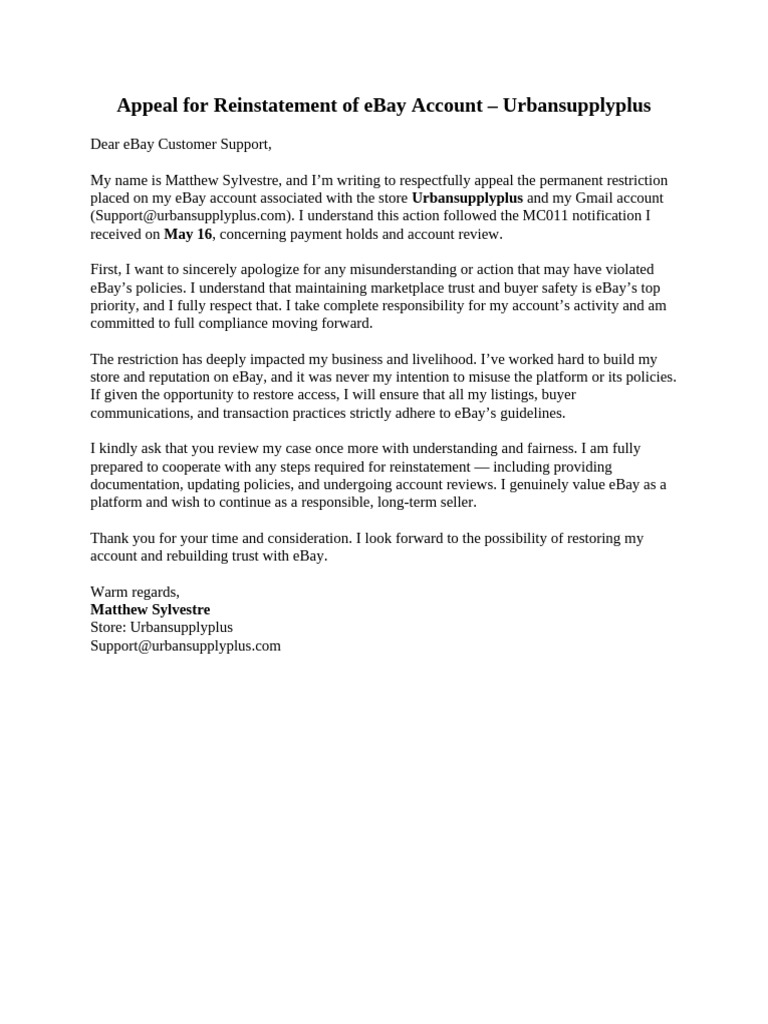 Appeal For Reinstatement of MY EBay Account | PDF