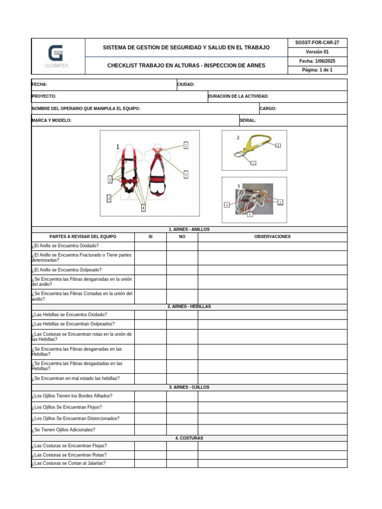 Checklist Trabajo en Alturas - Arnes | PDF