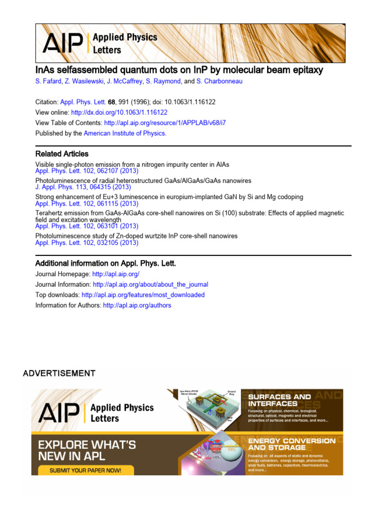 InAs Quantum Dots on InP via MBE | PDF | Gallium Arsenide | Phases Of ...
