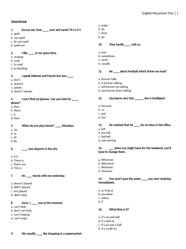 Placement Test A1 c1 EDOK | PDF