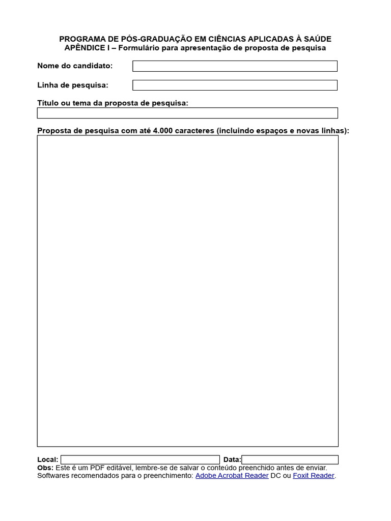 Formulario Editavel para Proposta de Pesquisa PPGCAS Edital 02 2022 | PDF
