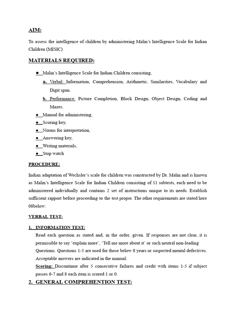 MISIC Plan and Procedure | PDF | Cognition | Intelligence