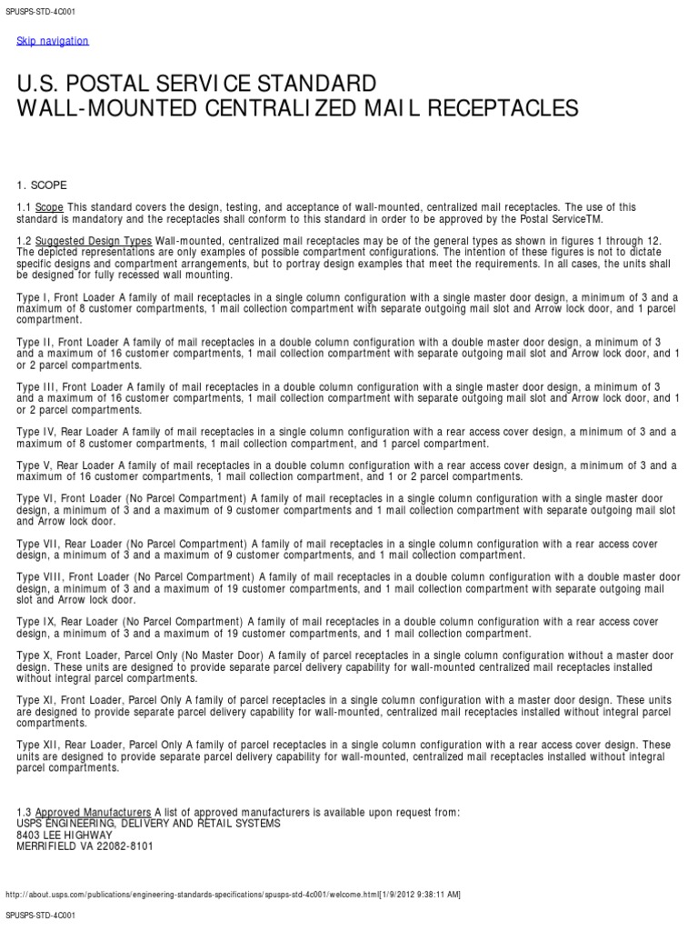 USPS-STANDARD-4C001 For Multifamily Properties | PDF | Door | Lock (Security Device)