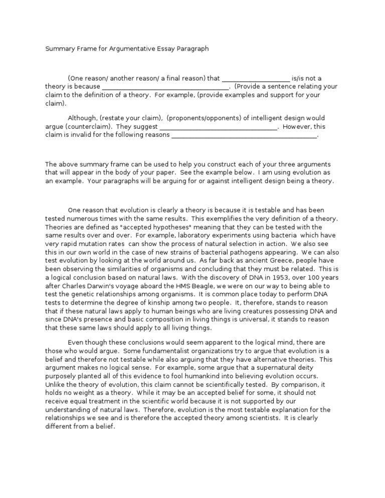 Summary Frame For Argumentative Essay Paragraph | PDF | Theory | Reason