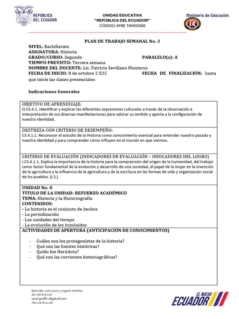 Plan de Trabajo Historia Bachillerato 2° A | PDF | Maestros | Aprendizaje