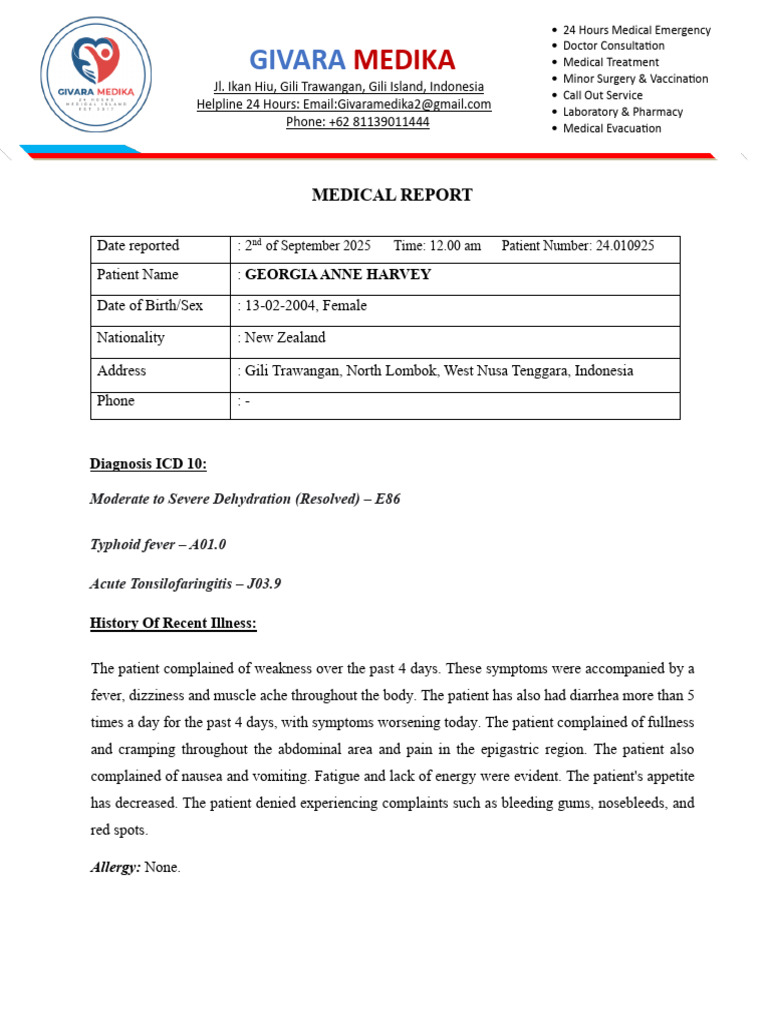 Final Medical Report Georgia Anne Harvey Dehydration Thypoid Fever Tfa ...