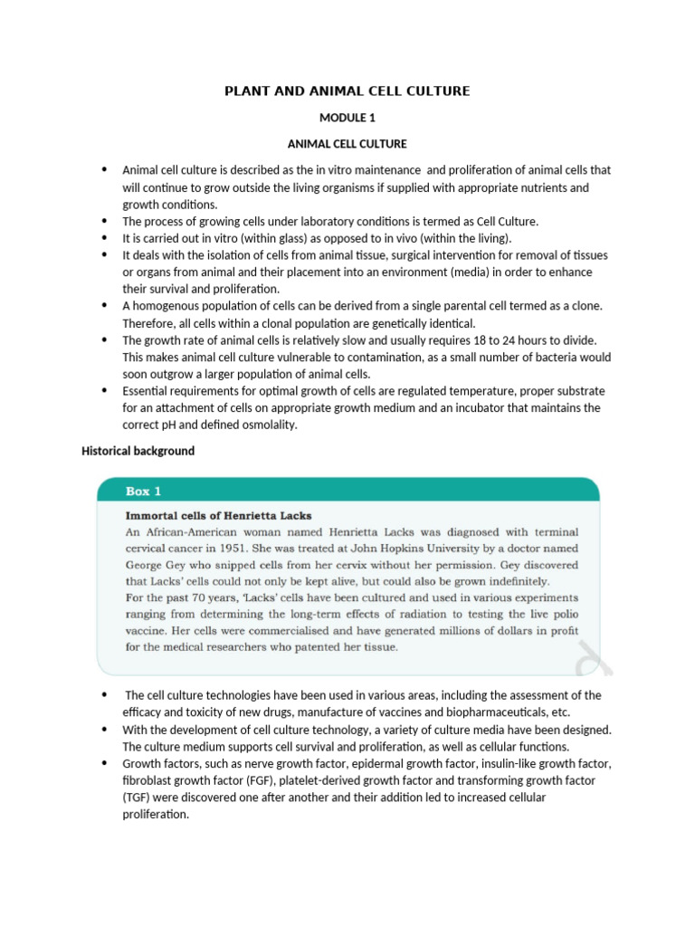 MSC Module 1 Animal Cell Culture | PDF | Growth Medium | Cell Culture