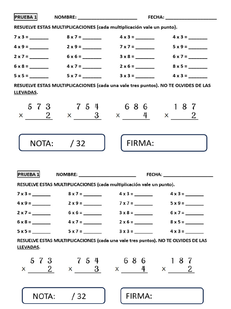 Prueba de Multiplicaciones para Estudiantes | PDF