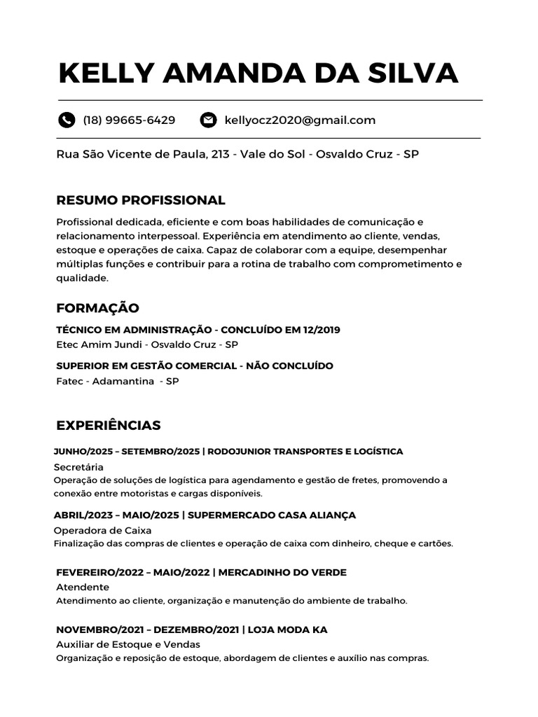 Curriculo Kelly Amanda Da Silva | PDF