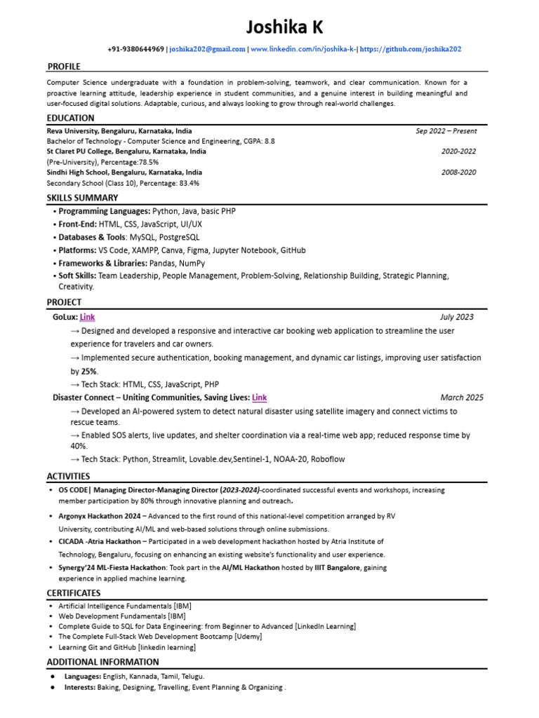Joshika K CSE 2026-Resume - Largepdf | PDF | Computer Programming | Information Technology