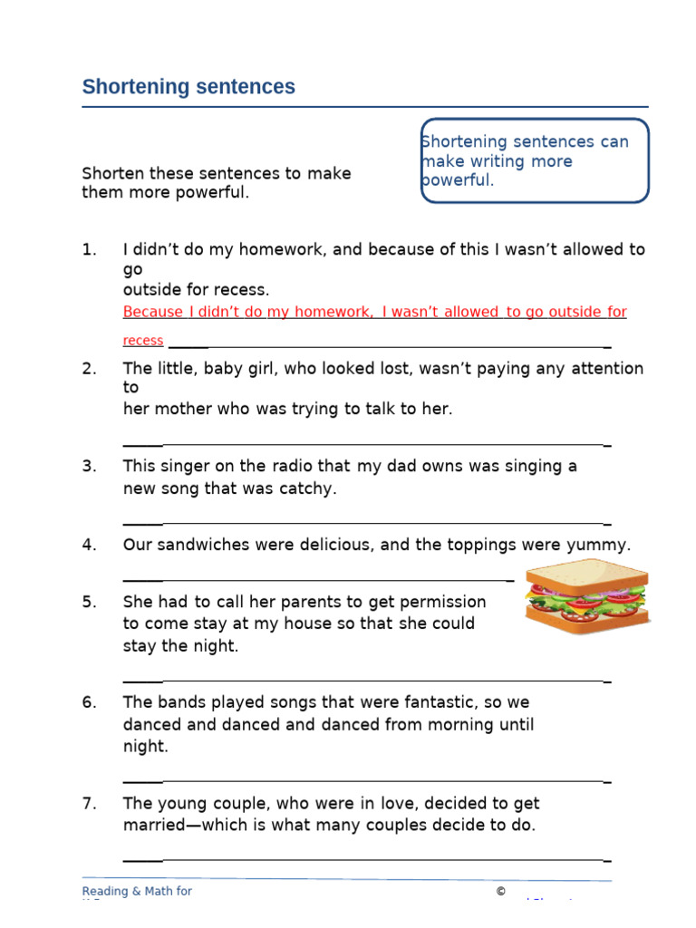 Grade 5 Shortening Sentences A 2 | PDF