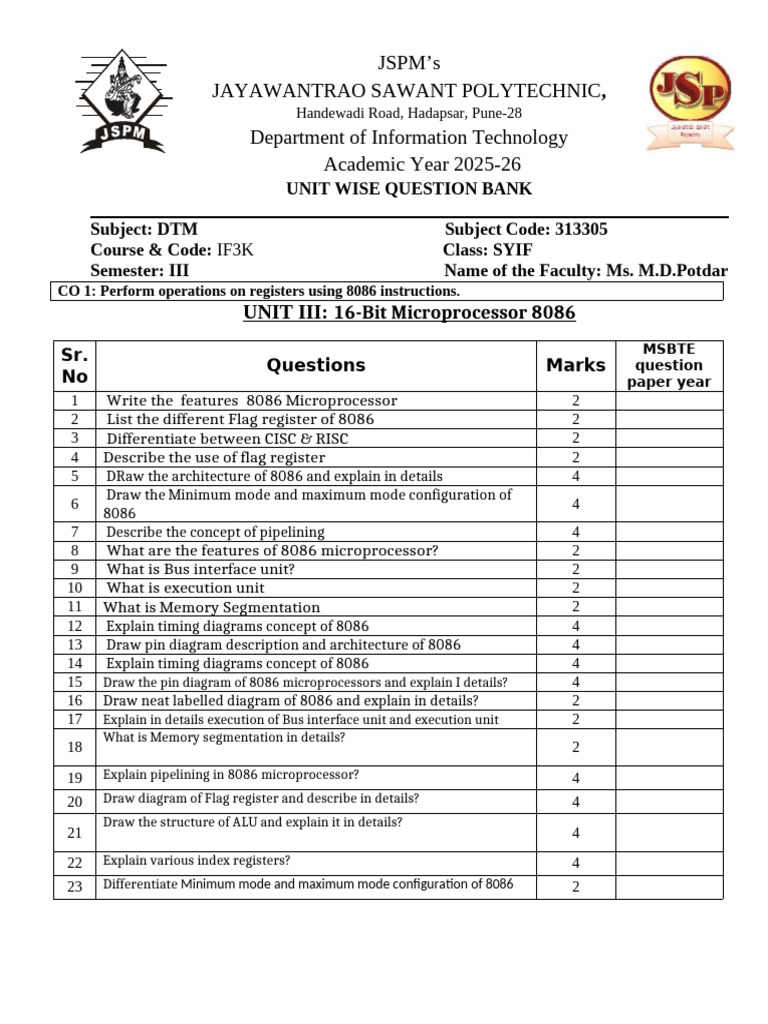 Unit Wise Question Bank DTM Chapter 3 | PDF | Computing | Computer Hardware