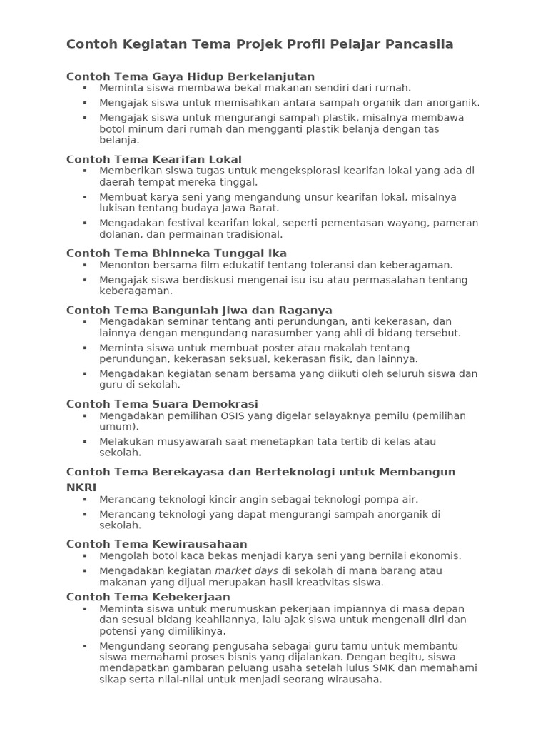 Contoh Kegiatan Tema Projek Profil Pelajar Pancasila | PDF