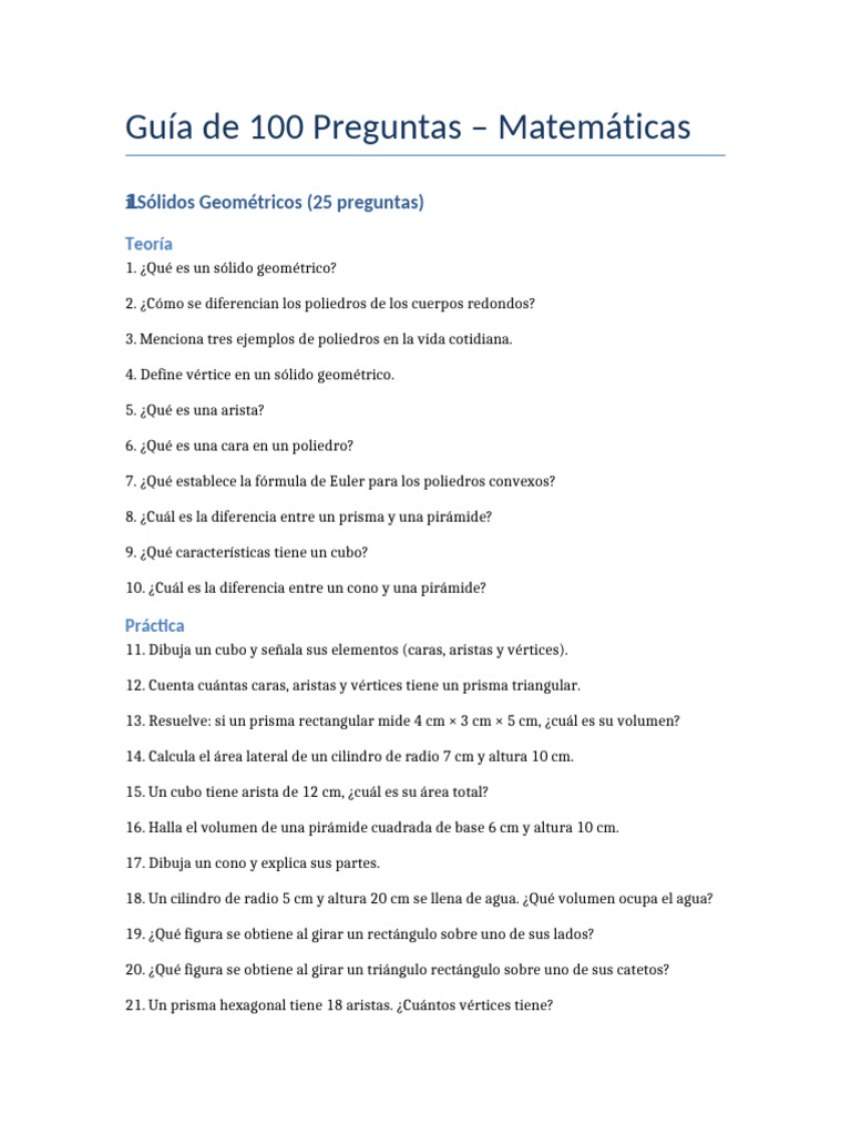 100 Preguntas de Matemáticas Esenciales | PDF | Triángulo | Porcentaje