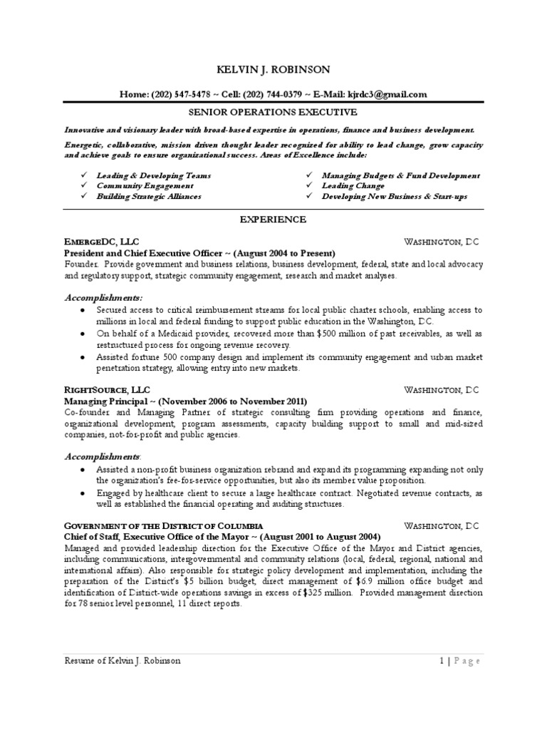 Chief Operating Officer COO in Washington DC Resume Kelvin Robinson ...