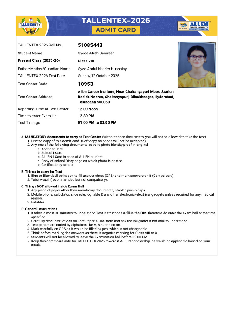 TALLENTEX 2026 Admit Card Details | PDF