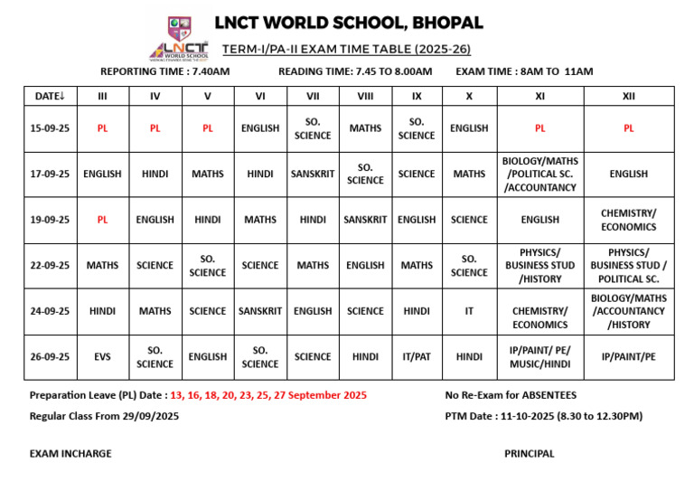 2025-26 Exam Time Table and Schedule | PDF