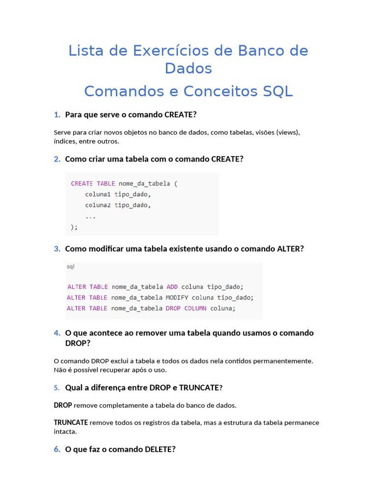 Lista de Exercícios de Banco de Dados | PDF | SQL | Dados