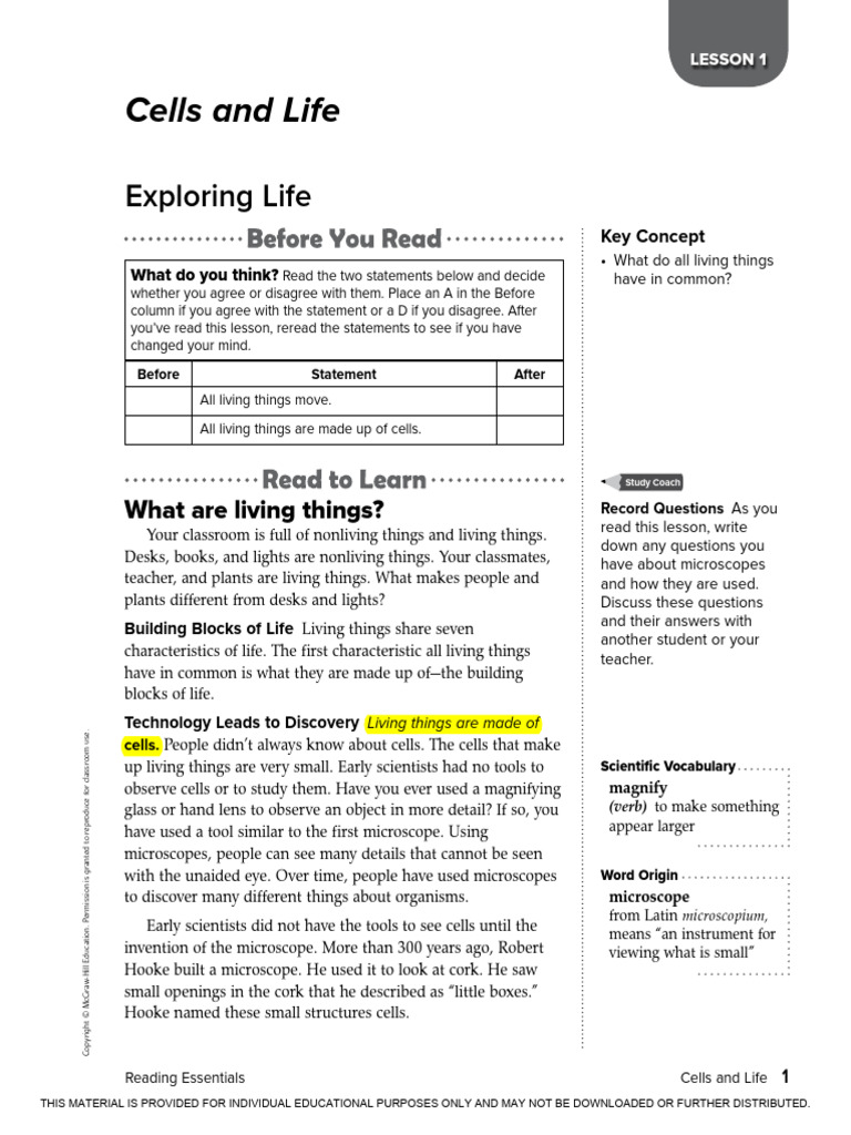 Lesson 1 Exploring Life Highligted Last | PDF | Eukaryotes | Microscope