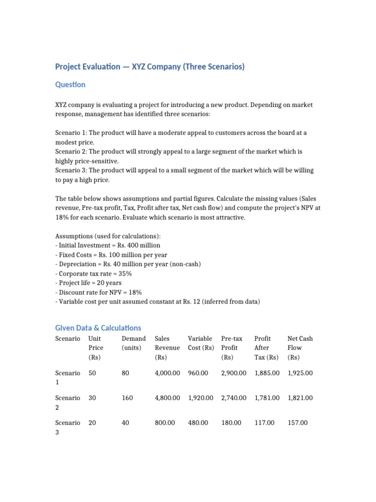 XYZ Company Project Evaluation Scenarios | PDF | Net Present Value ...