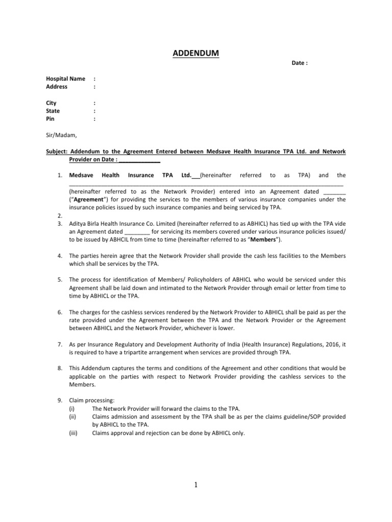 Addendum Tripartite MOU - Provider - ABHICL - Medsave | PDF | Insurance ...