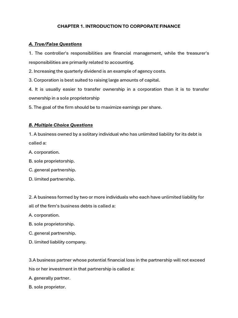 Chapter 1 Introduction To Corporate Finance | PDF | Partnership | Sole Proprietorship