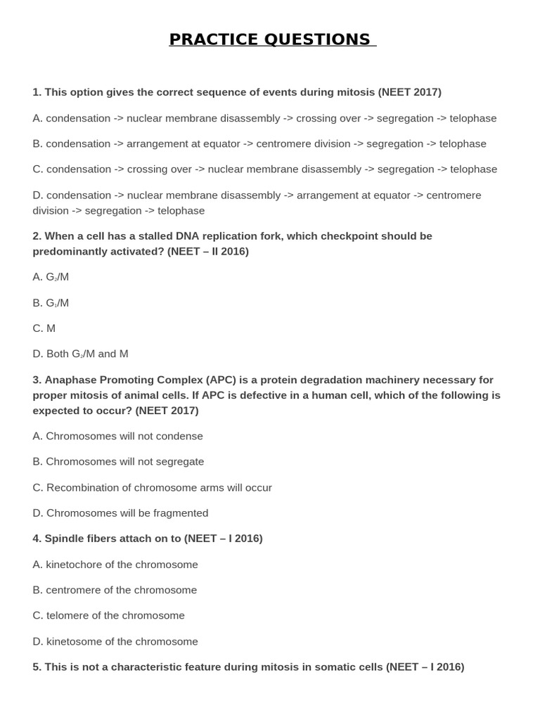 Mitosis and Meiosis Practice Questions | PDF