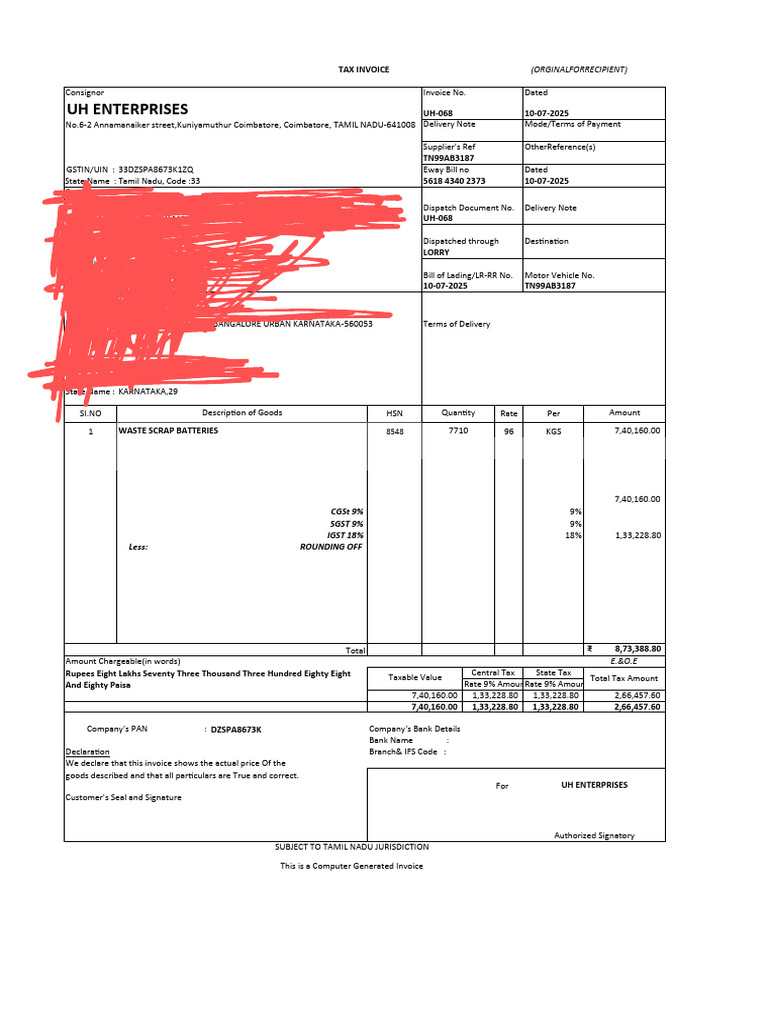 GST Invoice for Waste Scrap Batteries | PDF | Invoice | Taxes