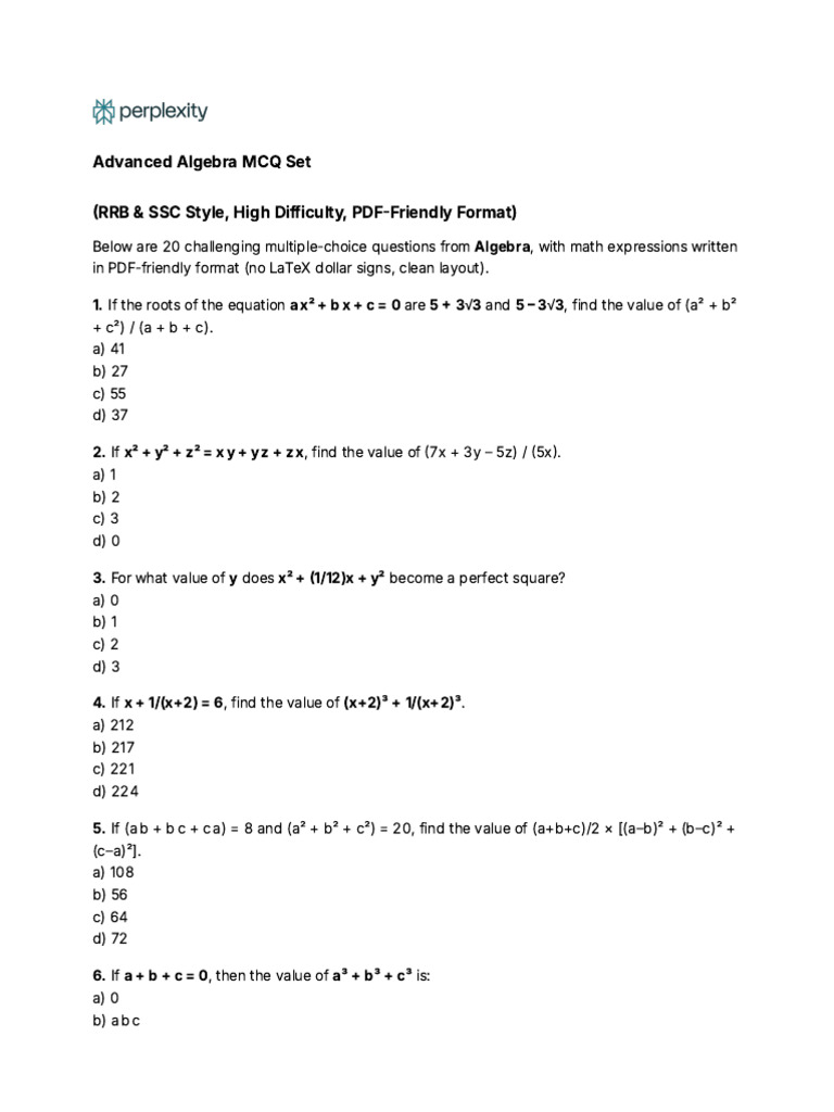 Advanced Algebra MCQs for Practice | PDF