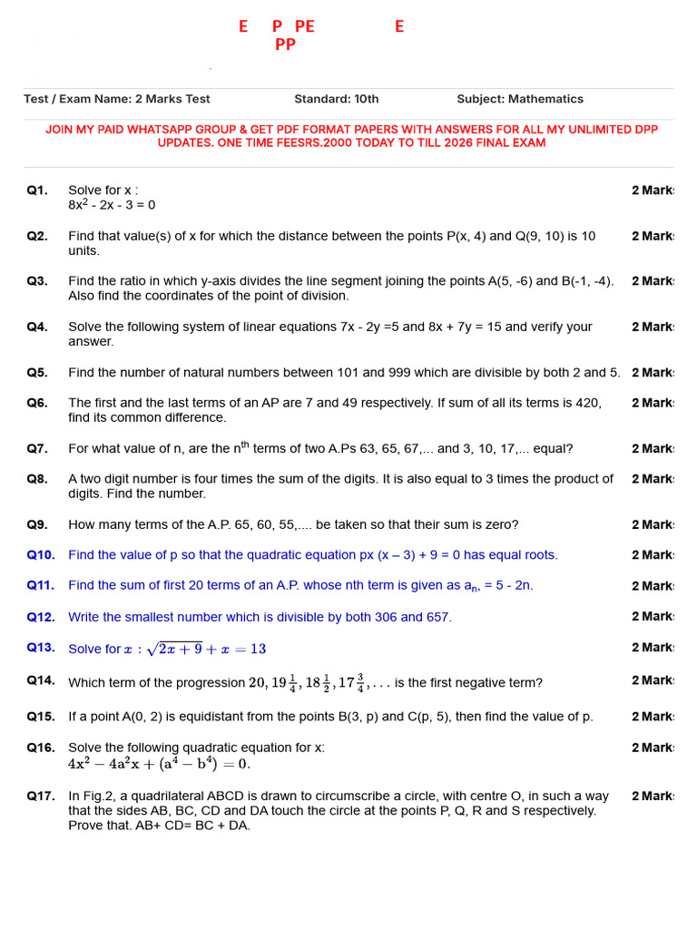 10th Cbse Maths 2 Marks Test 18 Sep - 1758213223158 | PDF | Circle ...