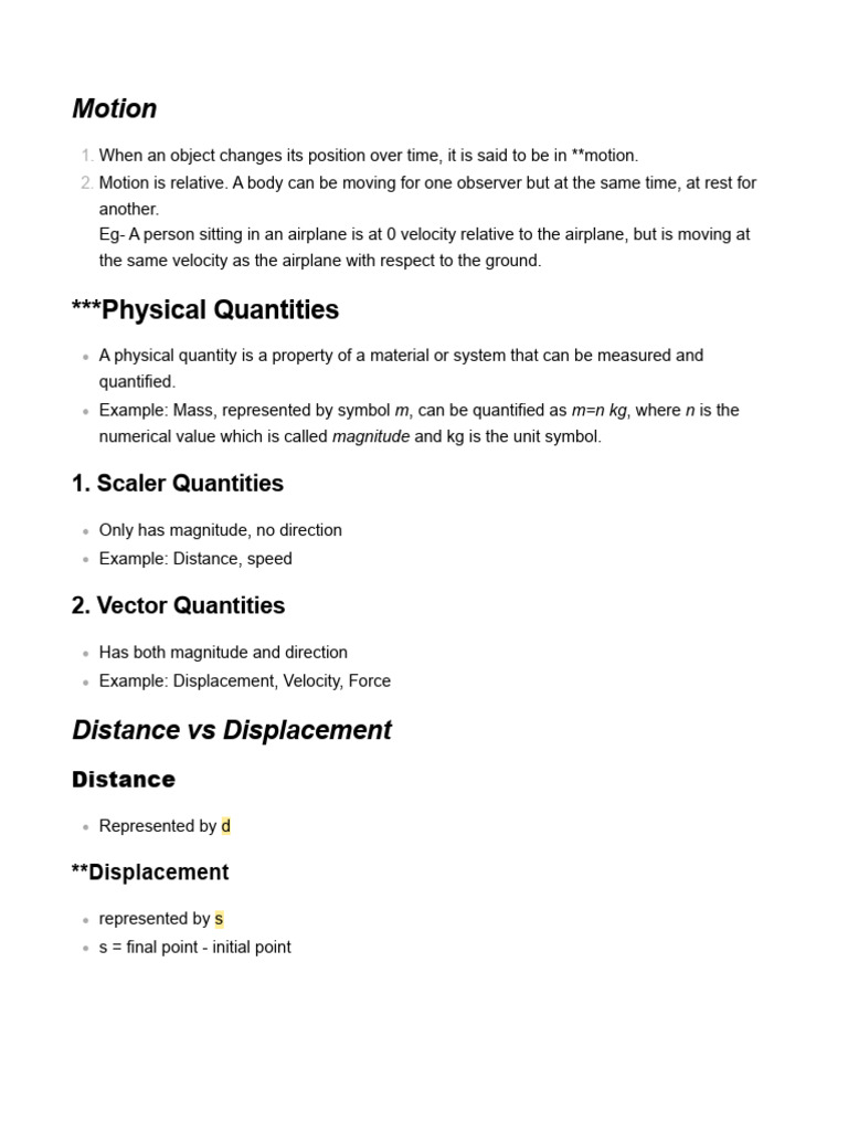 Understanding Motion: Key Concepts and Formulas | PDF | Velocity ...