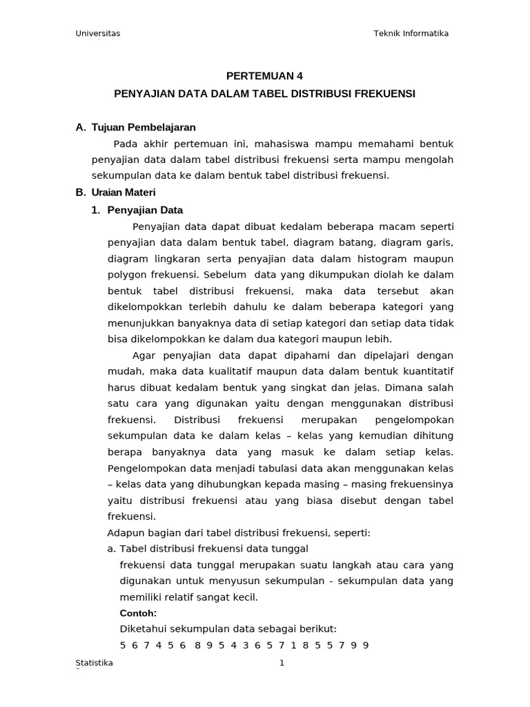 Statistika Pertemuan 7 - Penyajian Data Dalam Tabel Distribusi Frekuensi | PDF