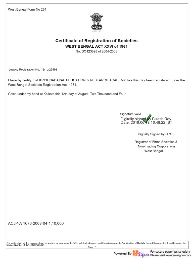 Certificate of Registration of Societies Digital Certificate | PDF