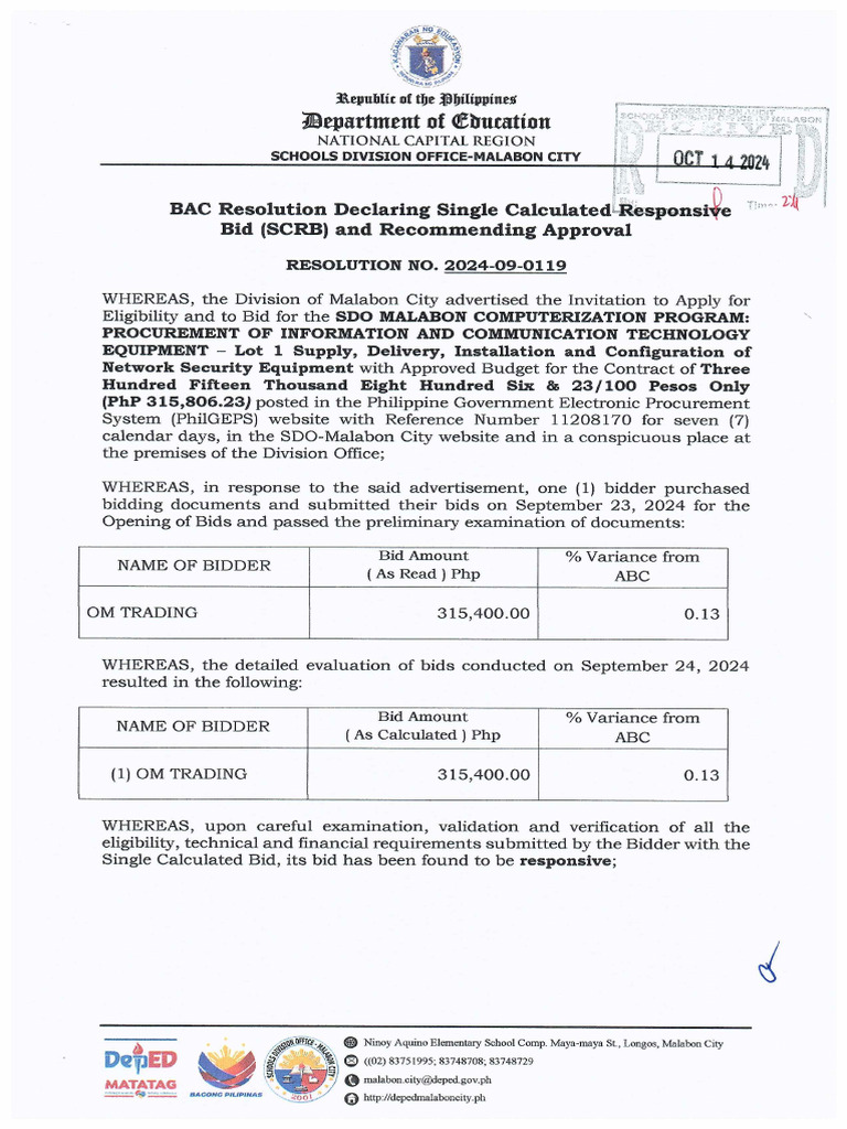 BAC Resolution No 2024-09-0119 | PDF