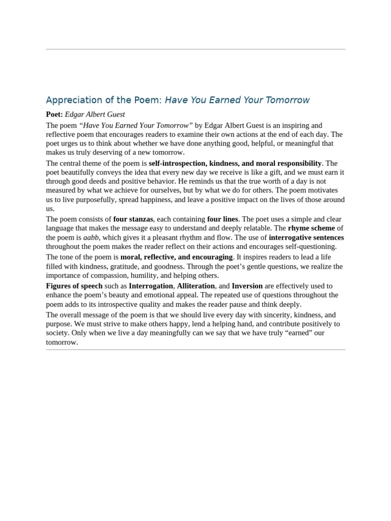 Poem Appreciation: Have You Earned Tomorrow | PDF
