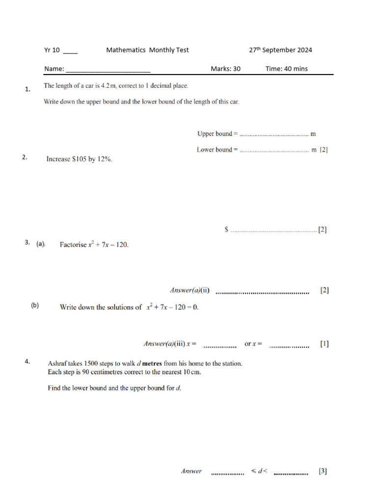 Yr 10 - Ext - Monthly Test 1 - Sept 2024 | PDF