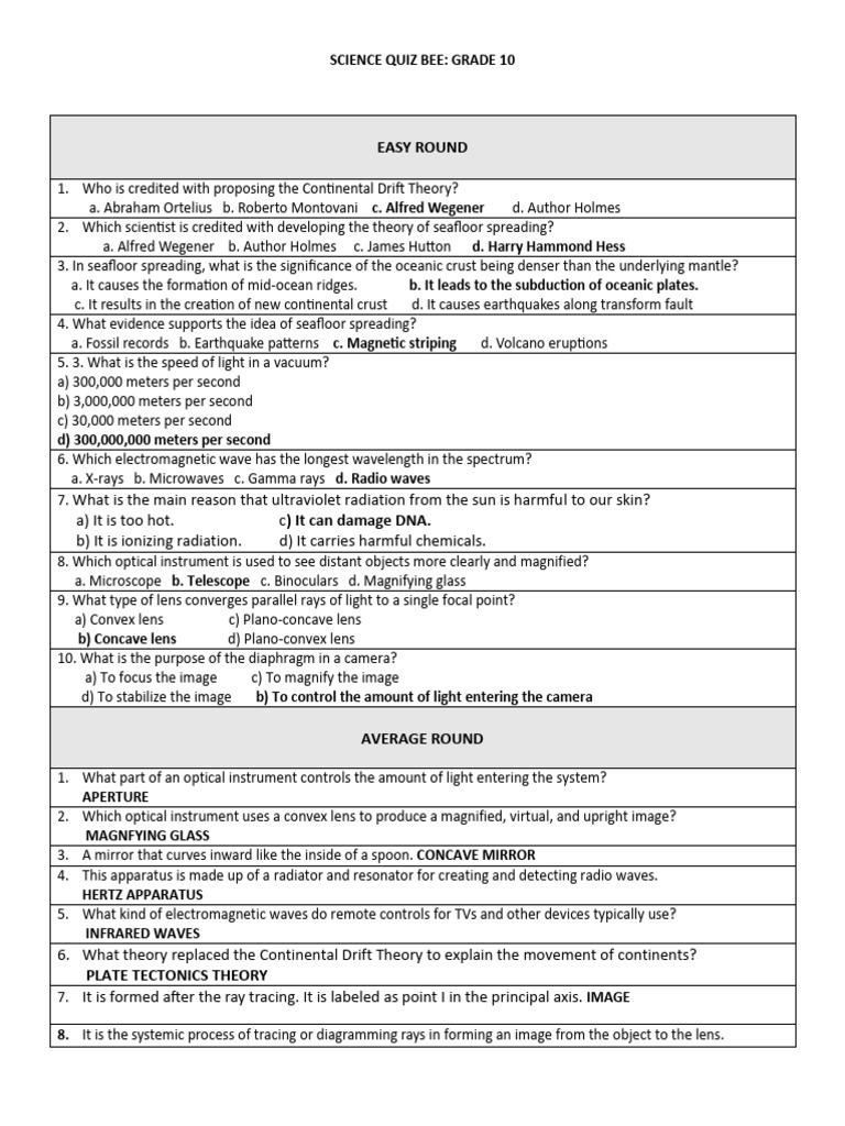 Science Quiz Bee Reviewer 4 | PDF | Plate Tectonics | Optics