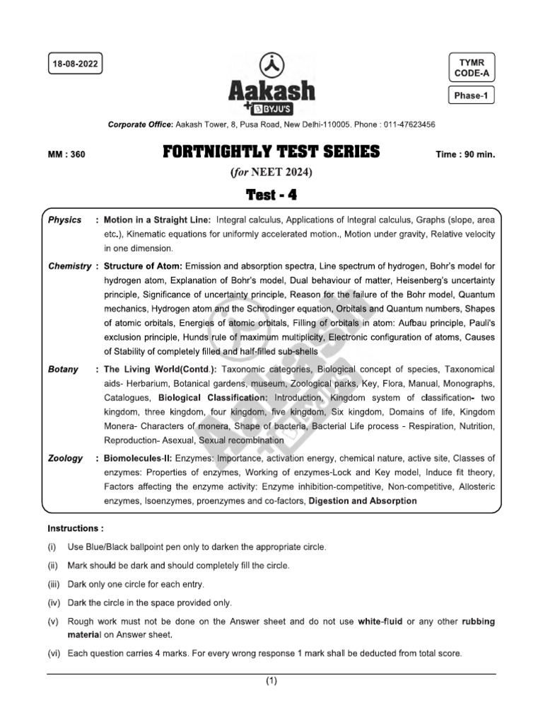 Fortnightly Test-4 TYMR Phase-1 Code-A 18-08-2022 | PDF