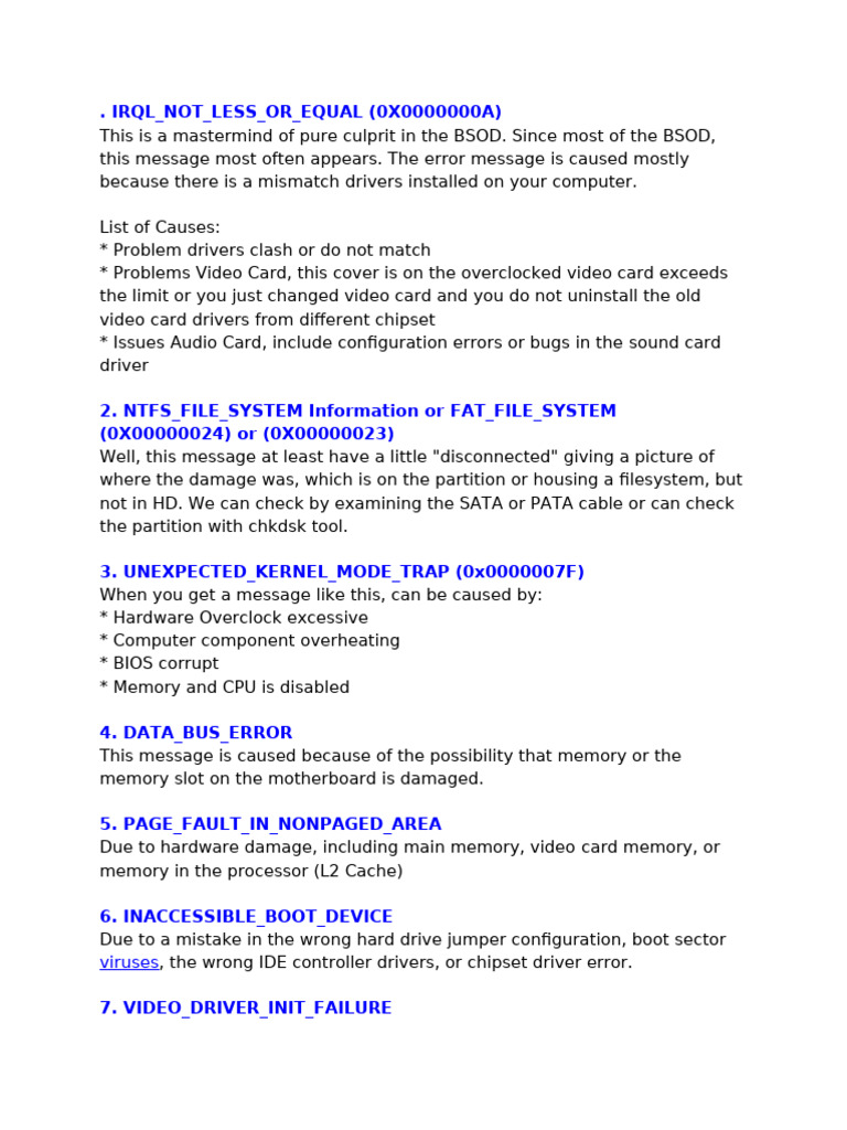 Common Windows BSOD Error Codes | PDF | Booting | Computer File