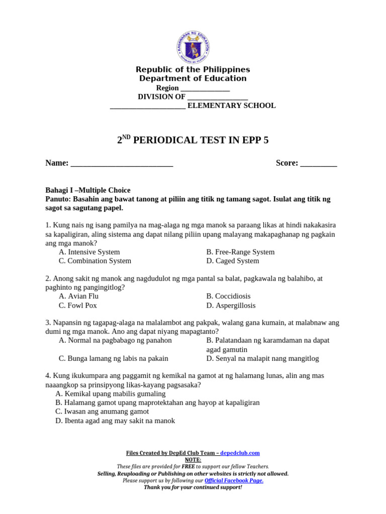 Dtc Pt q2 Epp 5 Matatag With Tos Key | PDF