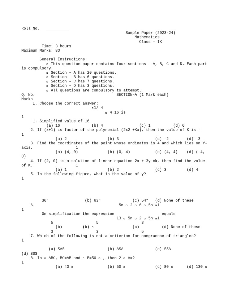 Sample Paper Maths Class 9th 2023 24 | PDF | Elementary Geometry ...