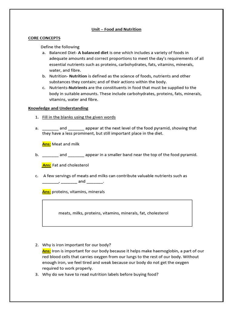 Note Book Work Food and Nutrition - Answer Key | PDF | Foods | Nutrition