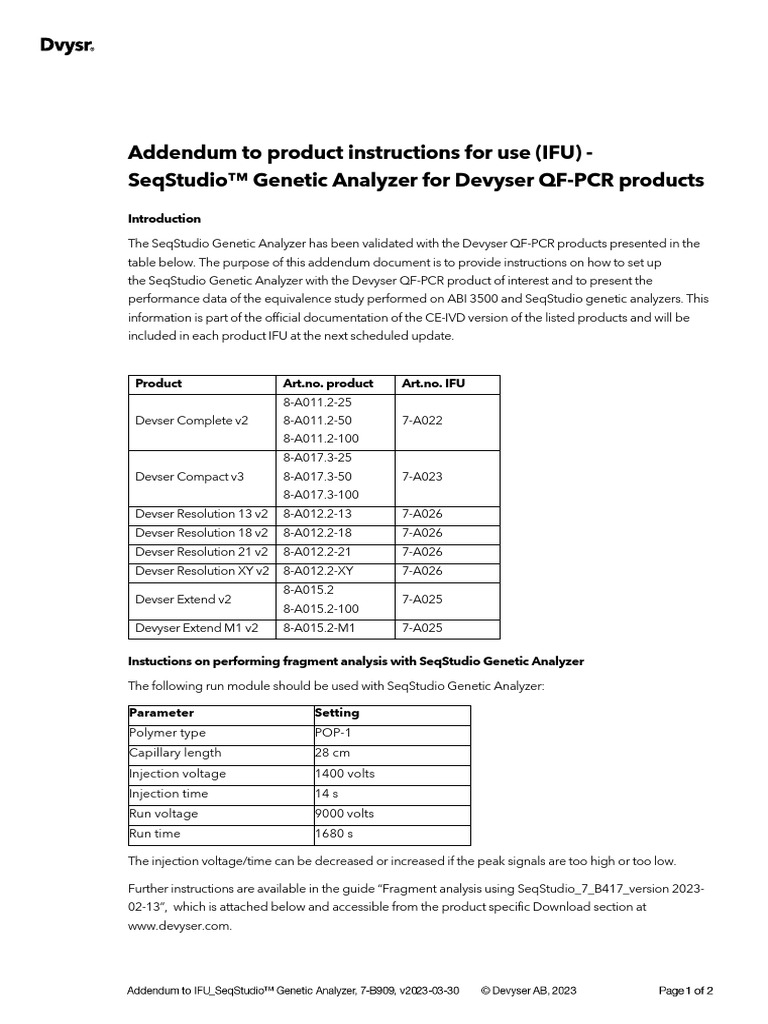 Addendum To Product Instructions For Use (IFU) - SeqStudio™ Genetic ...