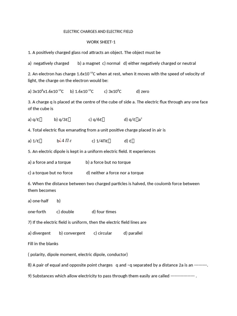 Electric Charges and Electric Field Work Sheet 1 1742449689 | PDF
