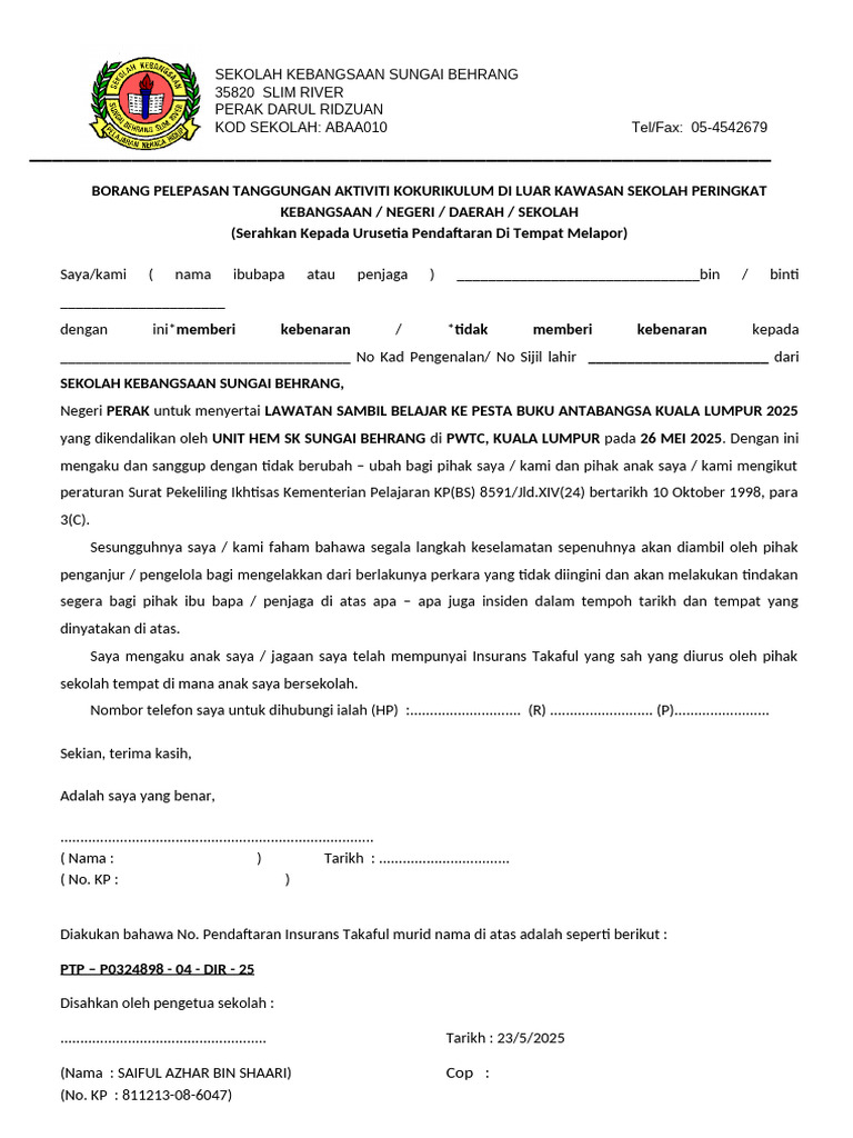 Surat Kebenaran Ibu Bapa-Lawatan Pbakl 2025 | PDF