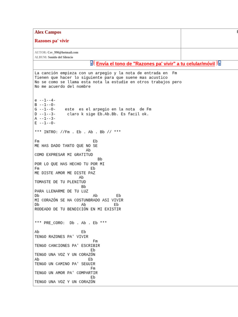 Alex Campos - Rasones Pa Vivir | PDF | Composiciones Musicales
