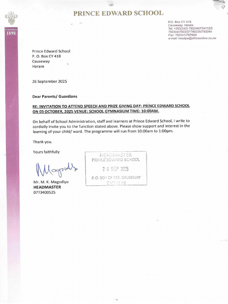 Invitation To Attend Speech and Prize Giving Day | PDF