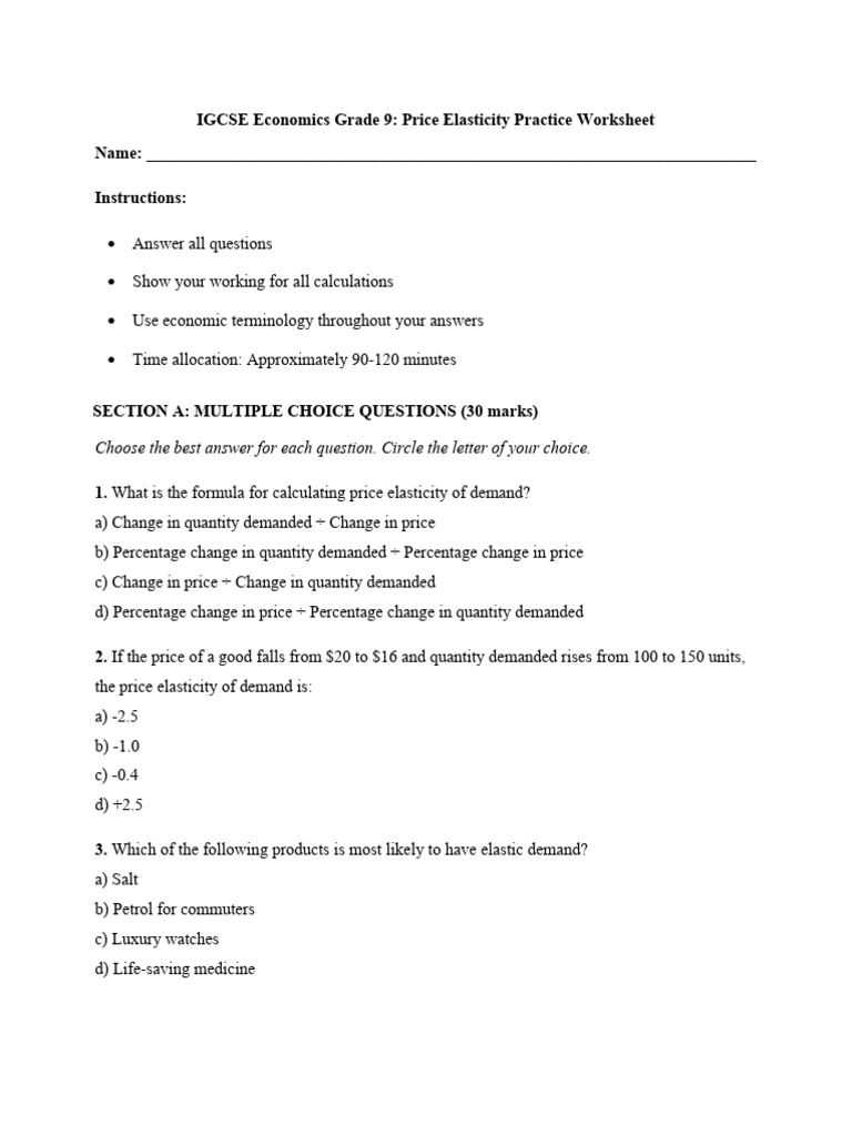 15.09.2025 Elasticity Worksheet | PDF | Elasticity (Economics) | Price ...