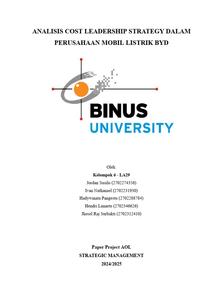 Group Final Project: Paper ANALISIS COST LEADERSHIP STRATEGY E-VEHICLE BYD | PDF